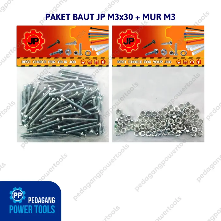 PAKET 2 SET BAUT MUR 3x30 BAUT JP M 3 x 30 MM MUR M3 SKRUP ISI 100 PCS ...